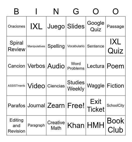 4th Grade Bingo Card