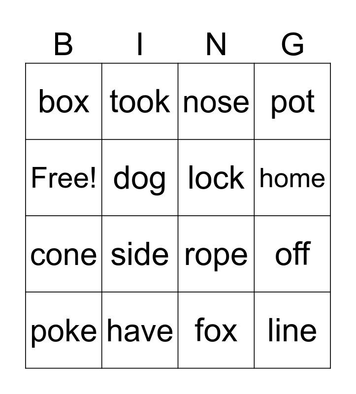 long o and short o Bingo Card