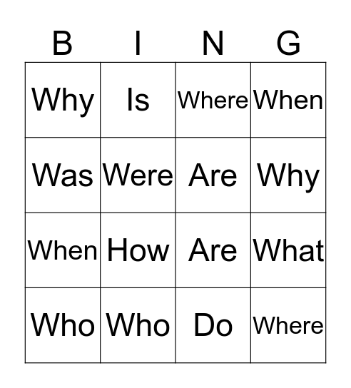 Question Word Bingo Card