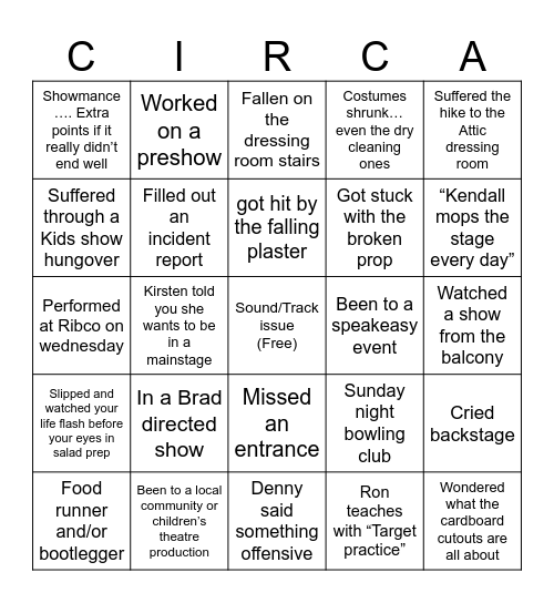 Circus 21 Bingo Card