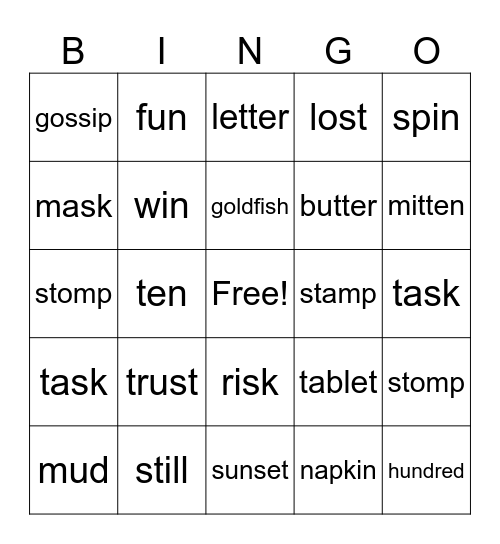 Closed Syllable Bingo Card