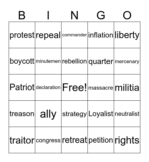 Revolutionary War Bingo Card