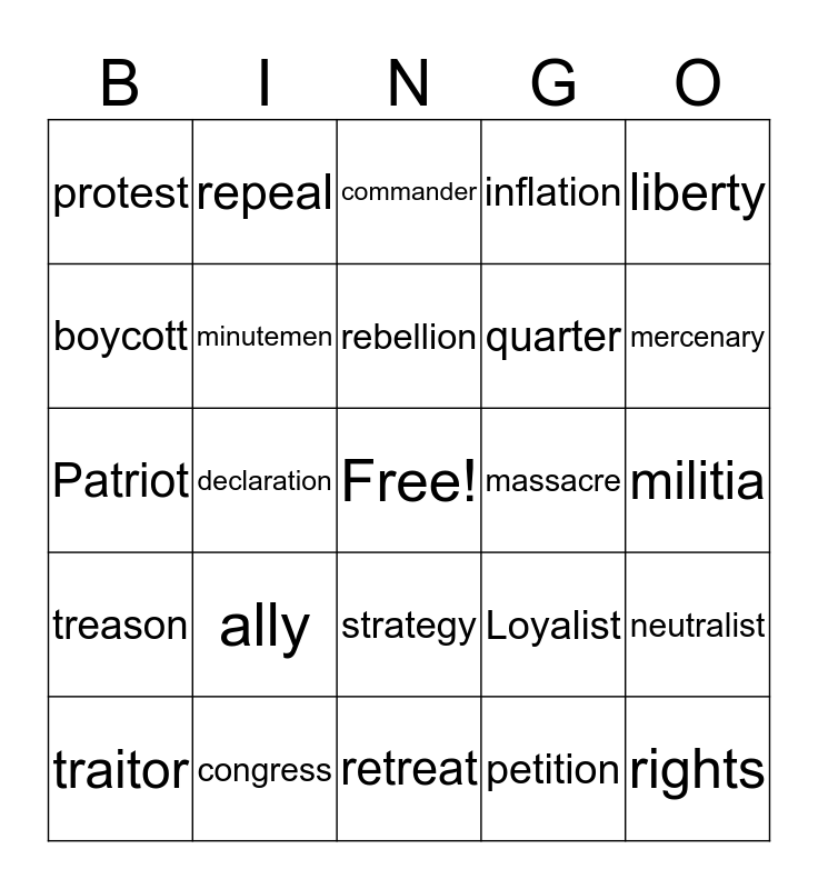 Revolutionary War Bingo Card