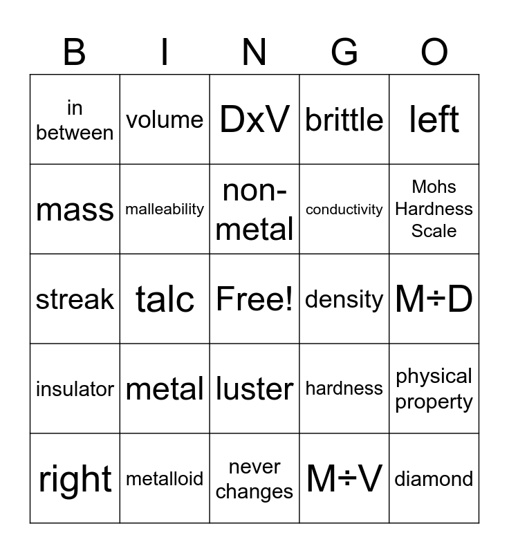 Properties of Matter Bingo Card