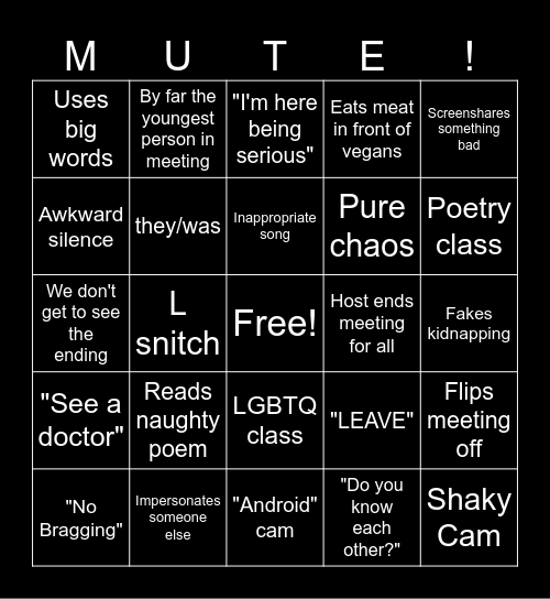 Subtrist Zoom Trolling Bingo Card