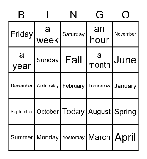 ESL - Days, months & seasons Bingo Card
