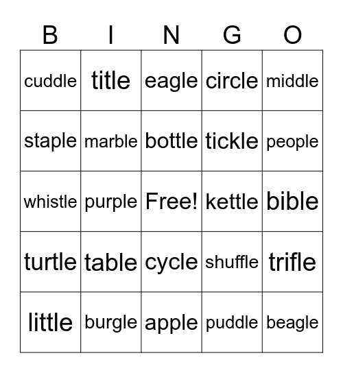 Words Ending In le Bingo Card Words Ending In le Bingo Card