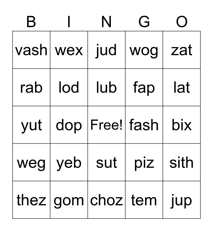 Nonsense Word List #2 Bingo Card