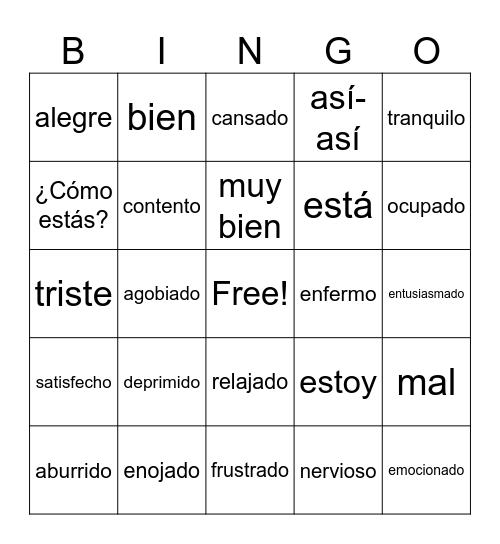 La Emociones Bingo Card