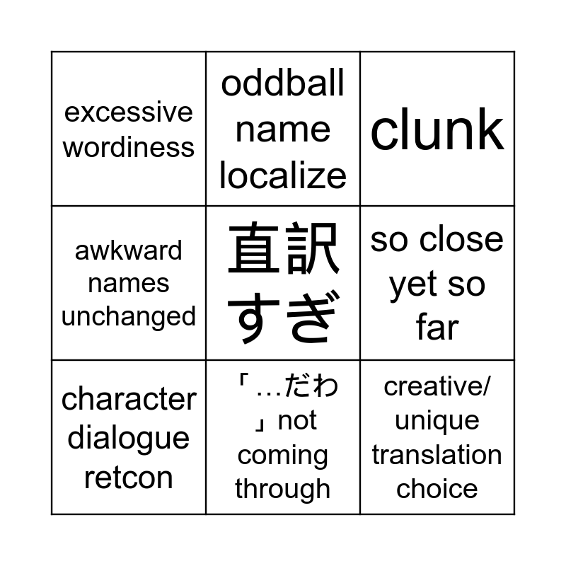 Japanese English Localization Bingo Card Bingo Card