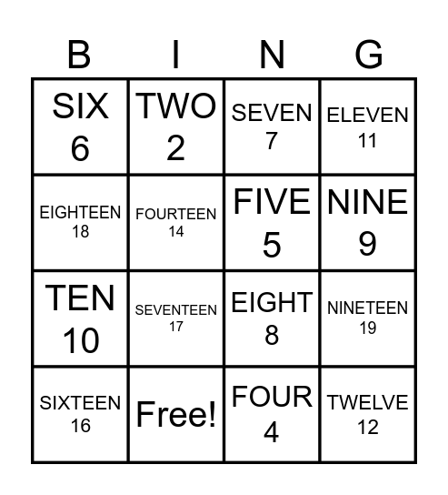 NUMBERS 1-20 Bingo Card