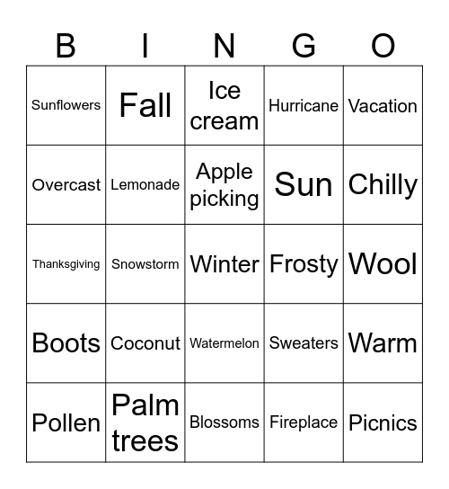 Weather and seasons Bingo Card