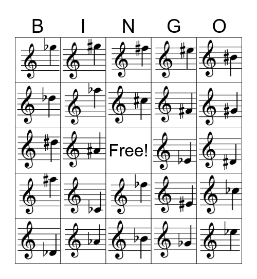 Treble Clef Sharps and Flats Bingo Card