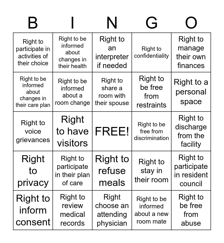 Resident Rights Bingo Card