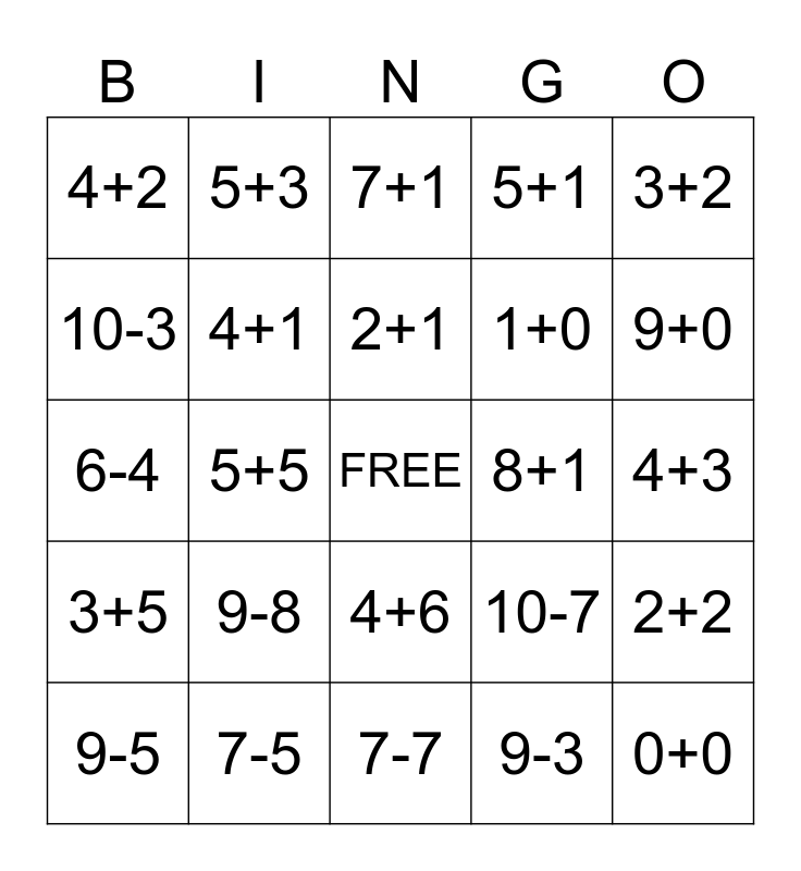 Math Fact Bingo Card