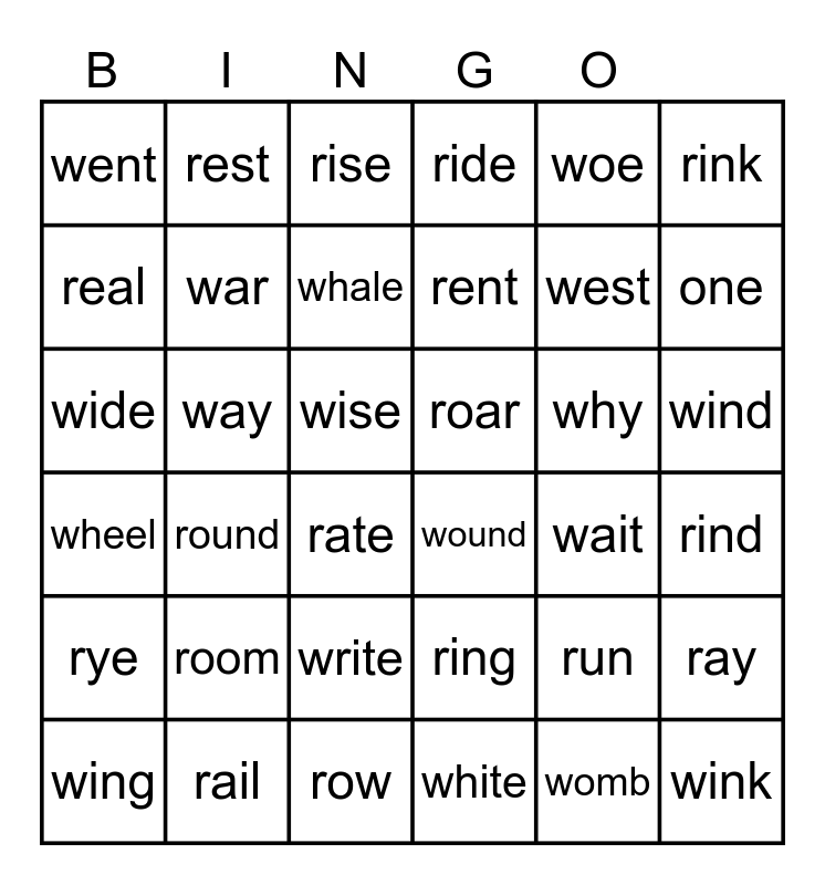 R and W Minimal Pairs Bingo Card