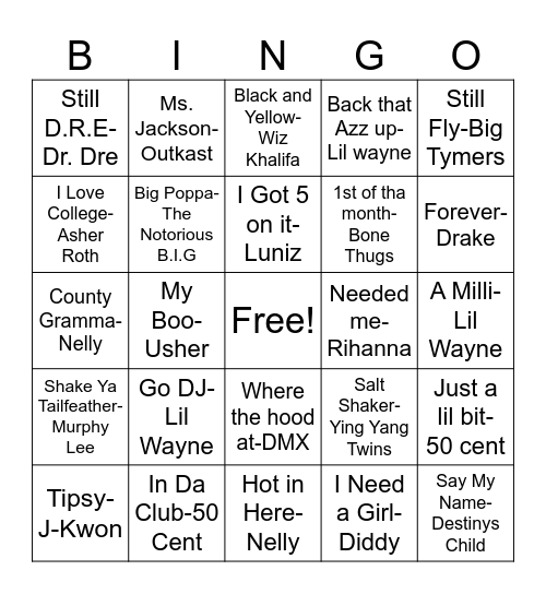 90's R&B/Hip Hop Bingo Card