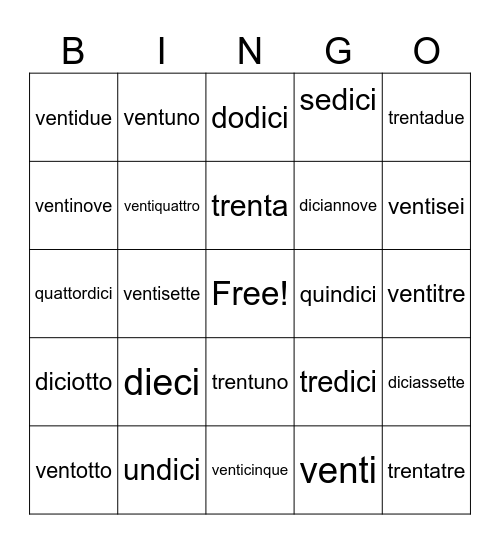 Italian numbers- I numeri Bingo Card