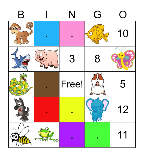COLOURS, NUMBERS, ANIMALS Bingo Card