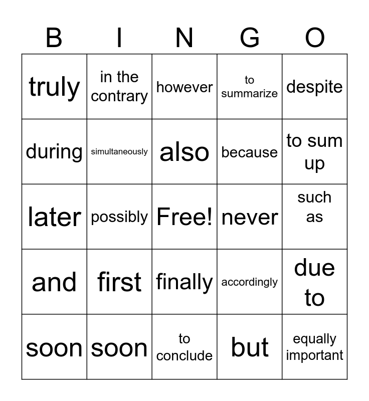 TRANSITION SIGNALS Bingo Card