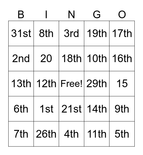Ordinal Numbers Bingo Card
