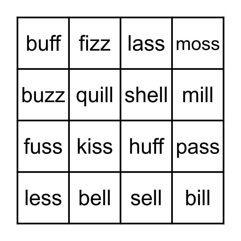Floss Word Bingo Card