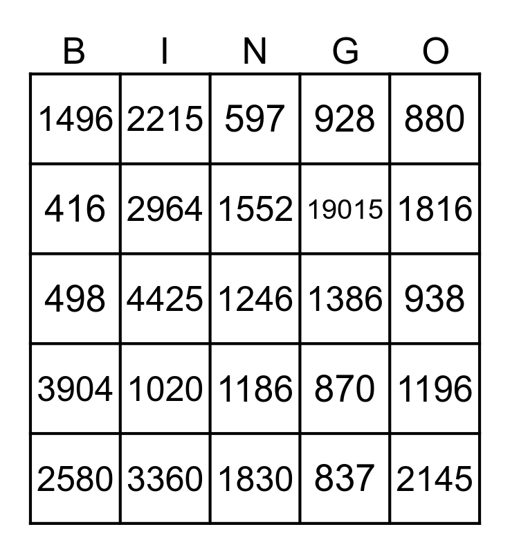 3 digit by 1 digit Multiplication Bingo Card