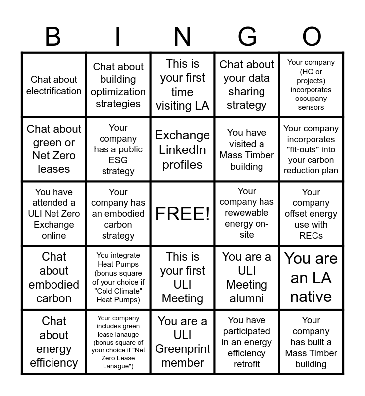Net Zero Exchange Networking Bingo Card