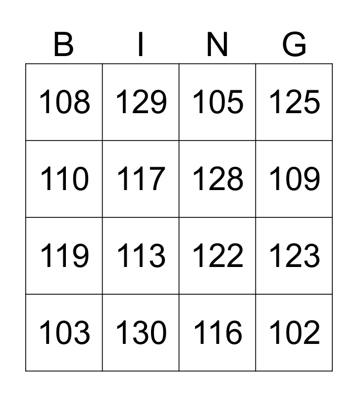 3 Digit Numbers Bingo Card
