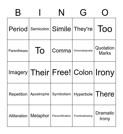 Literary Device and Punctuation Bingo Card