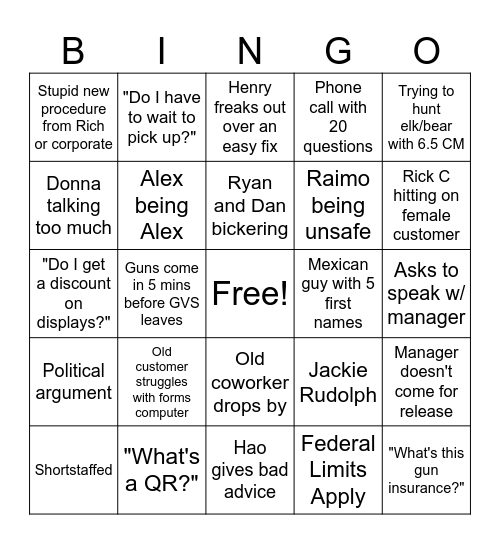 Gun Line Bingo Card