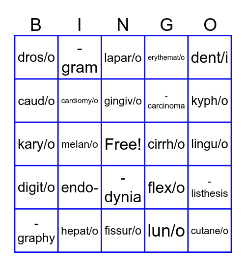 Medical Terminology-Word Parts Bingo Card