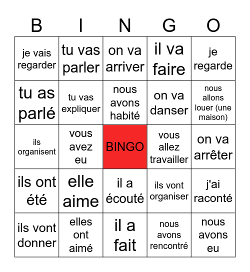 verbes français Bingo Card