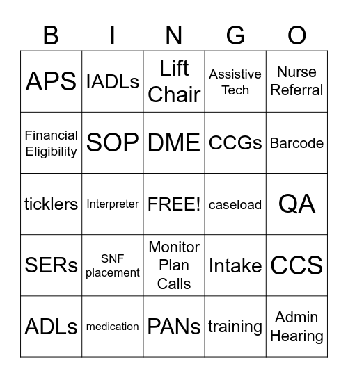 Case Manager Bingo Card