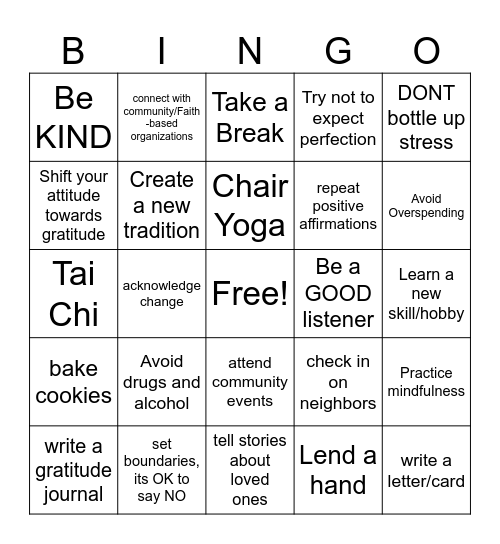 Managing Holiday Stress Bingo Card