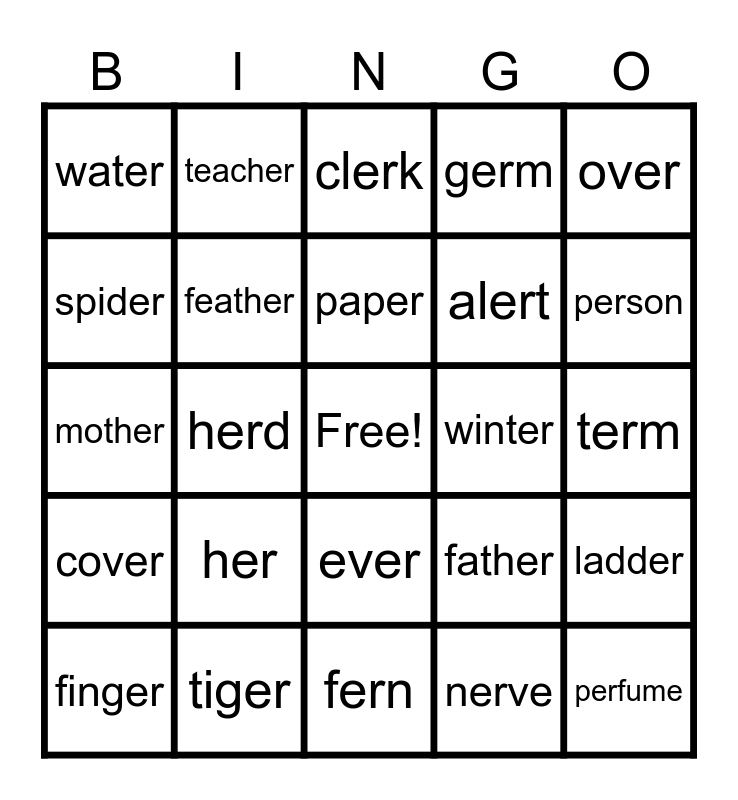 R Controlled Vowels (er) Bingo Card