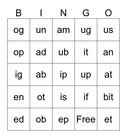 Word Families Bingo Card