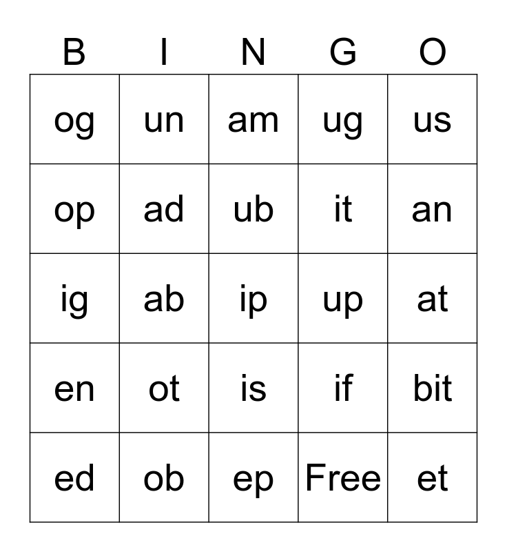 Word Families Bingo Card