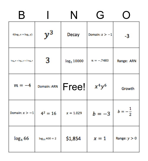 Exponential and Logarithmic Functions Bingo Card
