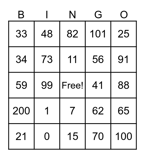 Numbers Bingo Card