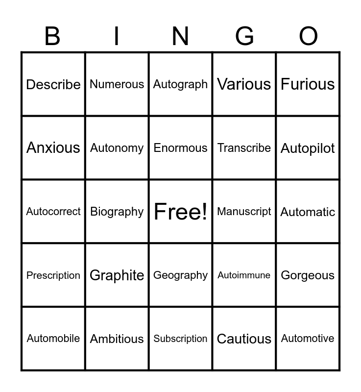Week 7 Vocabulary Bingo Card