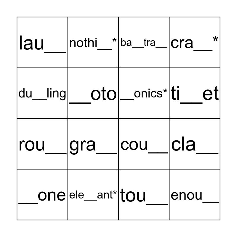 Consonant Patterns gh, ph, ck, and ng Bingo Card