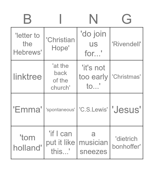 Church Service Bingo Card