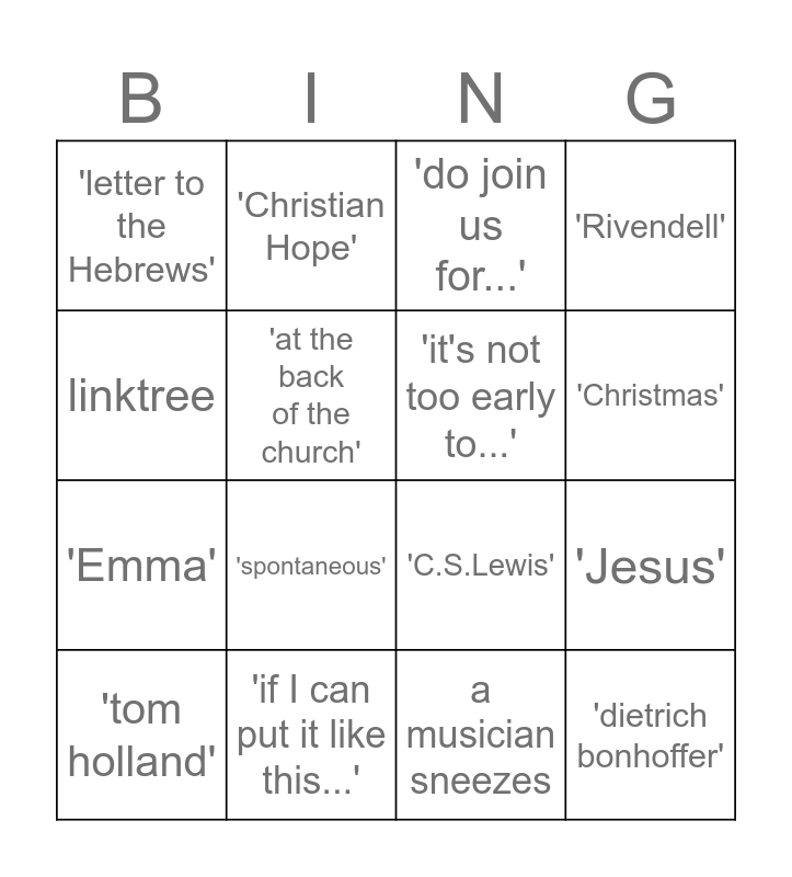 Church Service Bingo Card