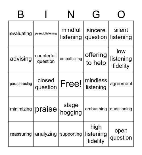 Listening Bingo Card