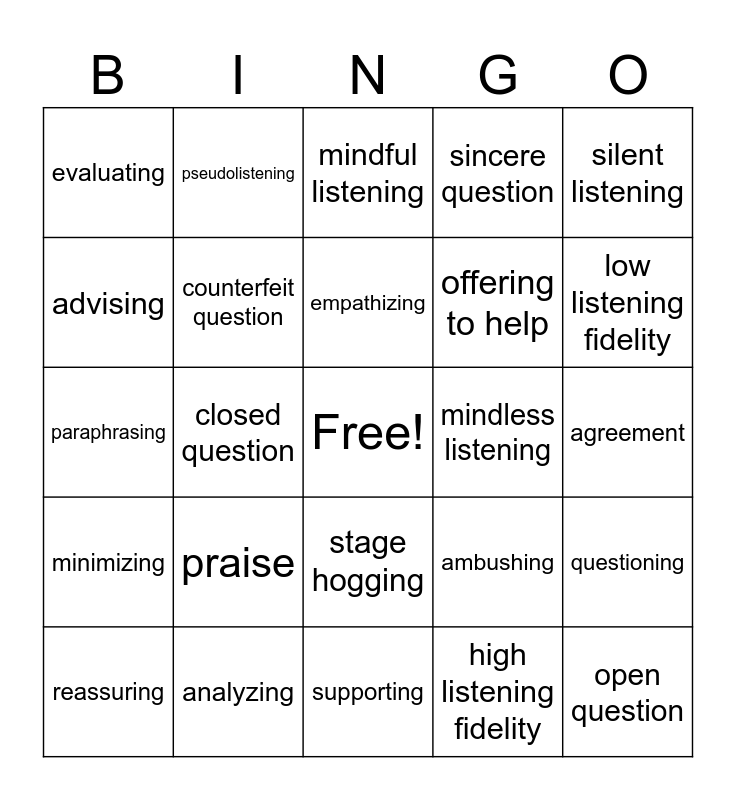 Listening Bingo Card