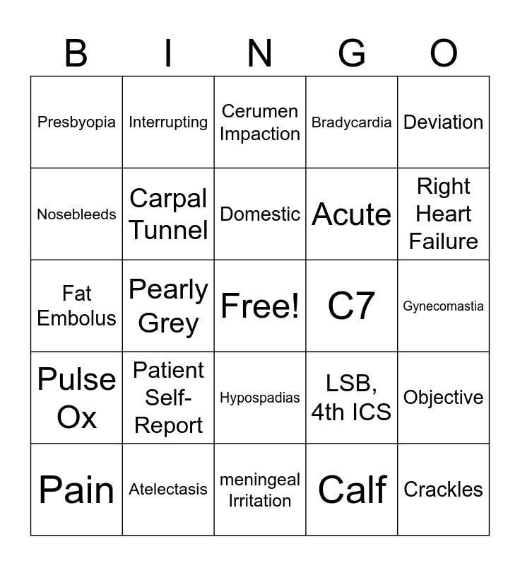 Health Assessment Final Bingo Card
