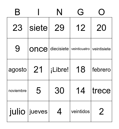 Bingo en español - el calendario Bingo Card