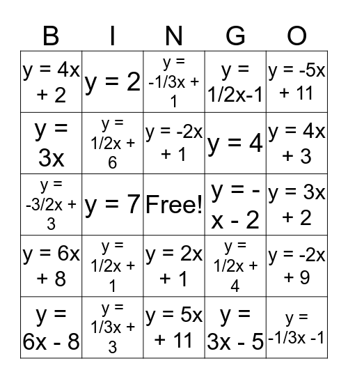 Writing Equations Bingo Card