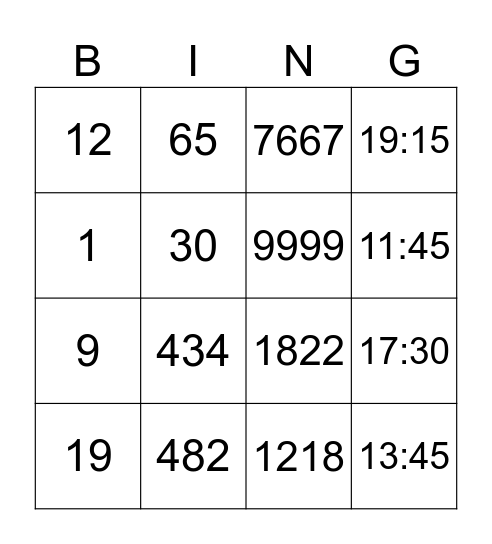 Numbrid ja kellaajad Bingo Card